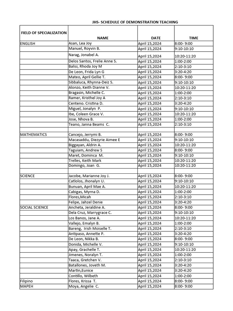 JHS Demonstration Teaching Schedule | PDF