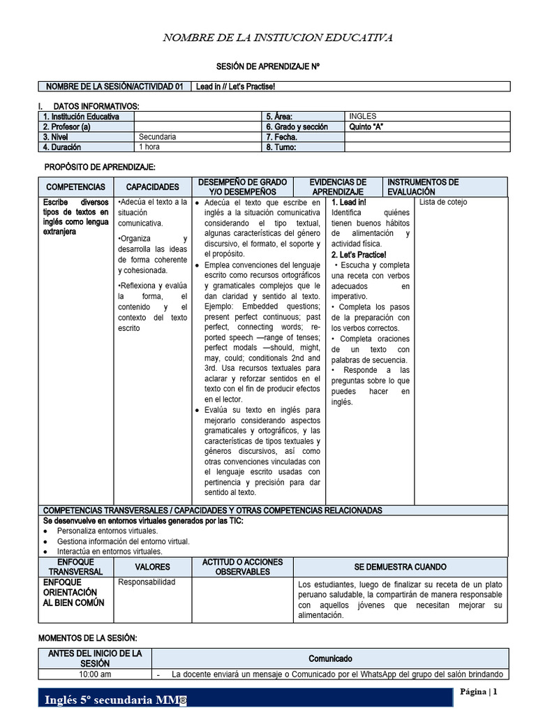 Sesión Ingles 5°-Actv 03 | PDF | Evaluación | Aprendizaje