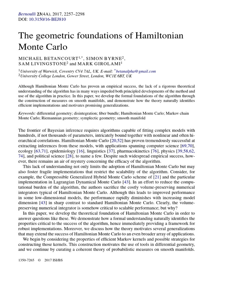 2017-The Geometric Foundations of Hamiltonian Monte Carlo | PDF | Markov Chain | Monte Carlo Method