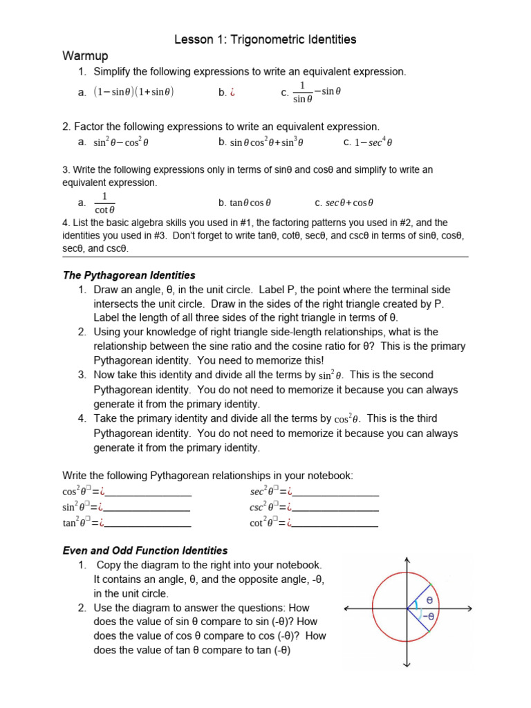 Lesson 1 Trig Ids Pdf Trigonometric Functions Euclidean Plane Geometry