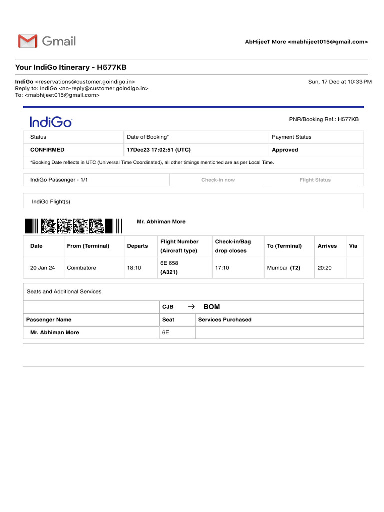 Your IndiGo Itinerary - H577KB | PDF | Airport