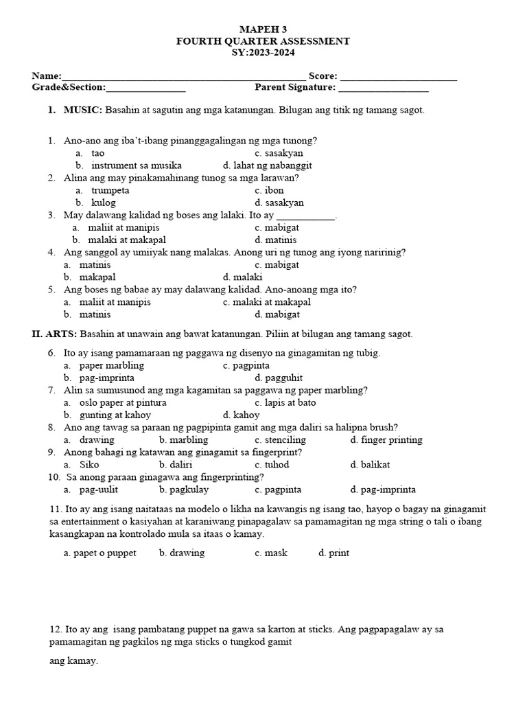 MAPEH 3 q4 Assessment Final | PDF