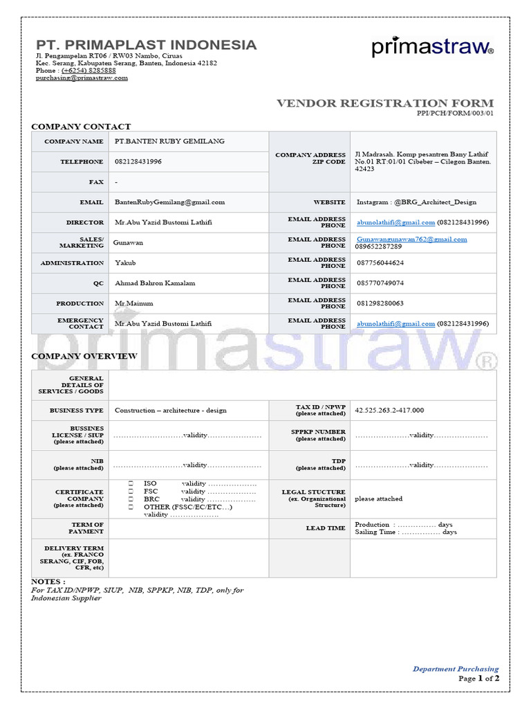 Vendor Registration Form PT Primaplast Indonesia | PDF