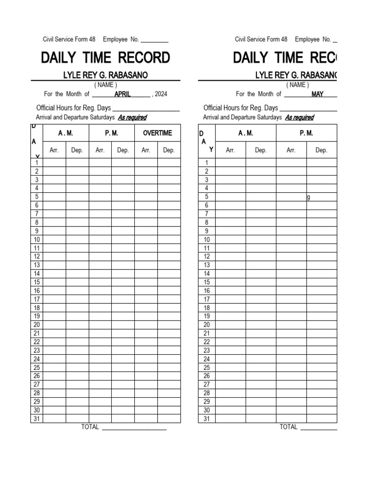 Daily Time Record Daily Time Record: Lyle Rey G. Rabasano Lyle Rey G ...