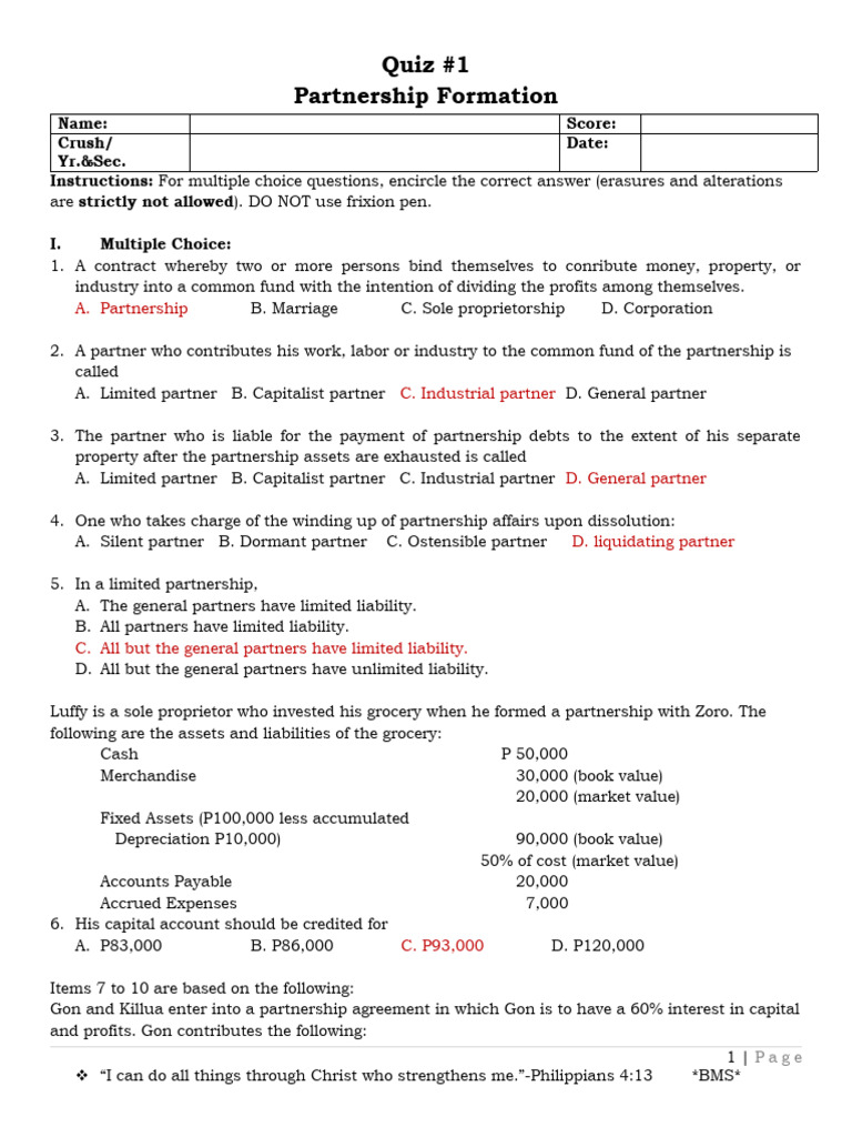 Partnership Formation Quiz and Problems | PDF | Book Value | Partnership