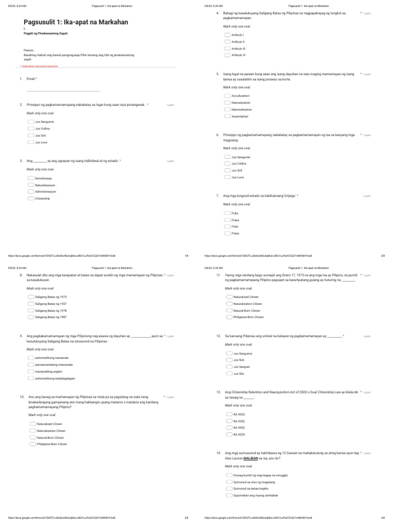 Pagsusulit 1 - Ika-Apat Na Markahan - Google Forms | PDF