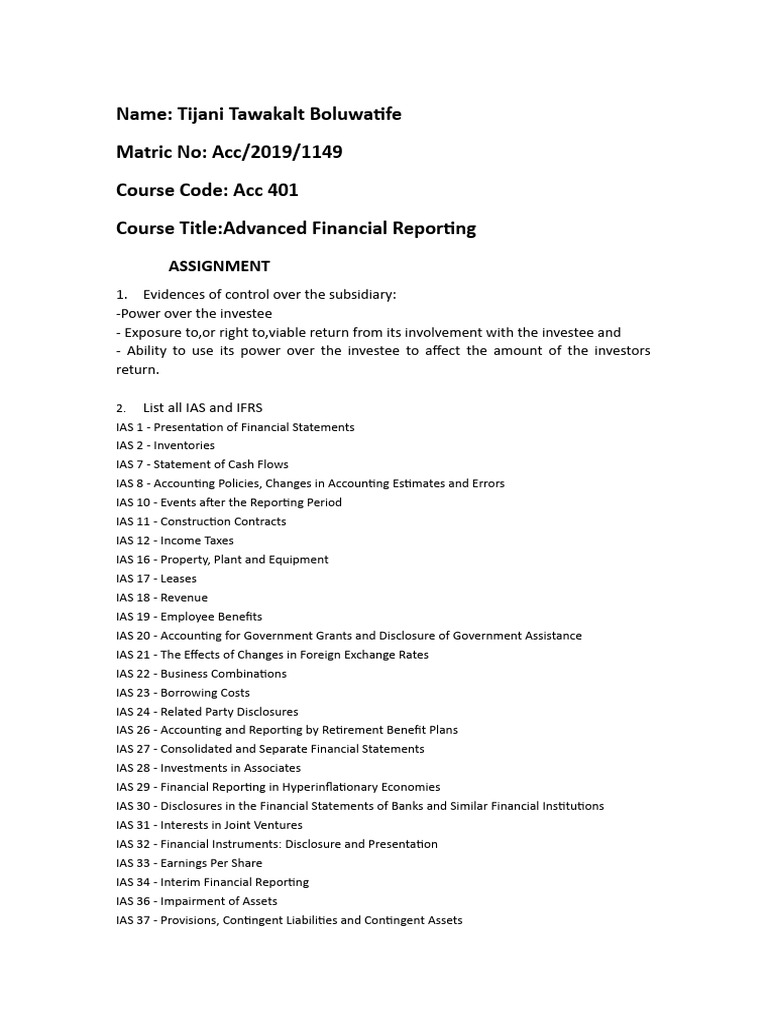 Name Acc 401 Assignment | PDF | International Financial Reporting Standards | Financial Statement