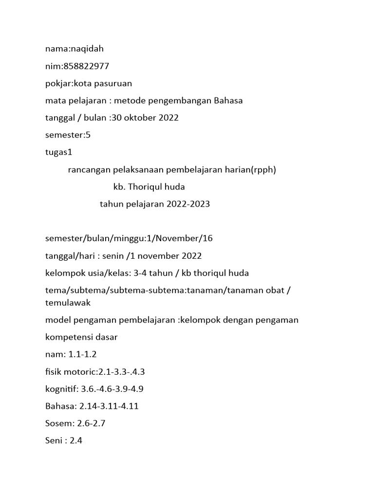 Metode Pengembangan Bahasa tt1 Naqidah 858822977 | PDF | Pengembangan Diri | Kesehatan Holistik