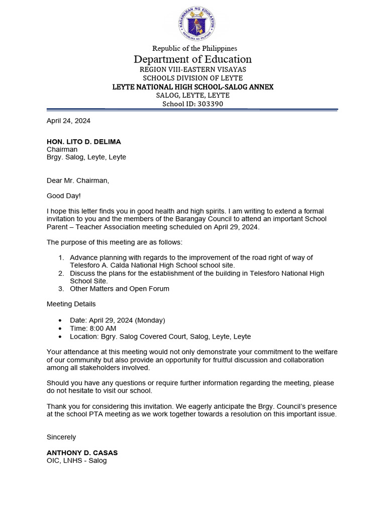 Letter Request To The Brgy Chairman | PDF