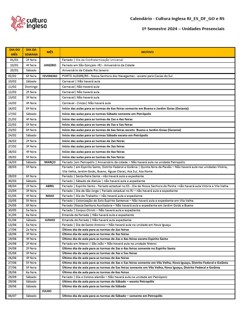 Calendário 1º 2024 Portal - RJ ES DF GO e RS | PDF