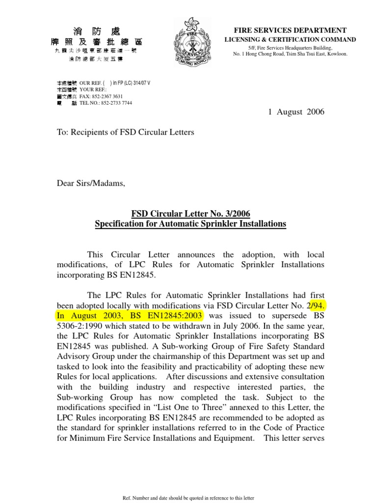 Specification For Sprinkler LPC - FSD Circular 2006 - 03 | PDF | Fire ...