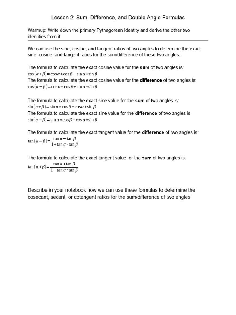 Lesson 2 (Sum and Double Angle Formulas) | PDF | Trigonometric ...