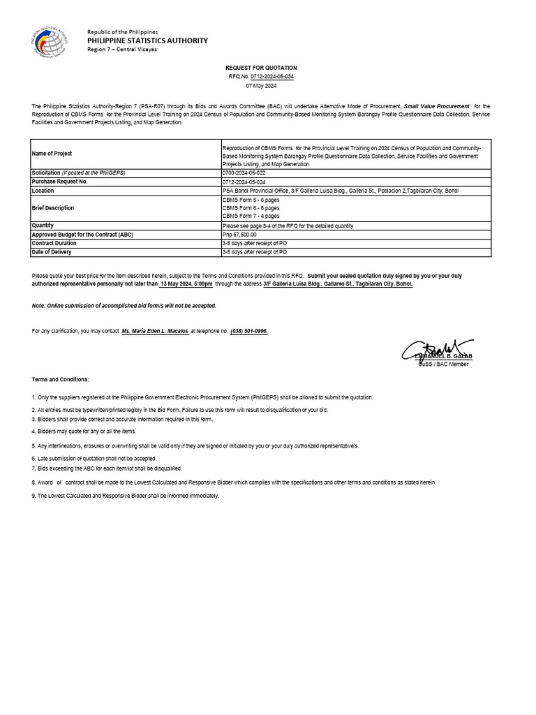 RFQ - 05-034 - CBMS POPCEN BPQ Printing of Forms | PDF | Liquidated ...