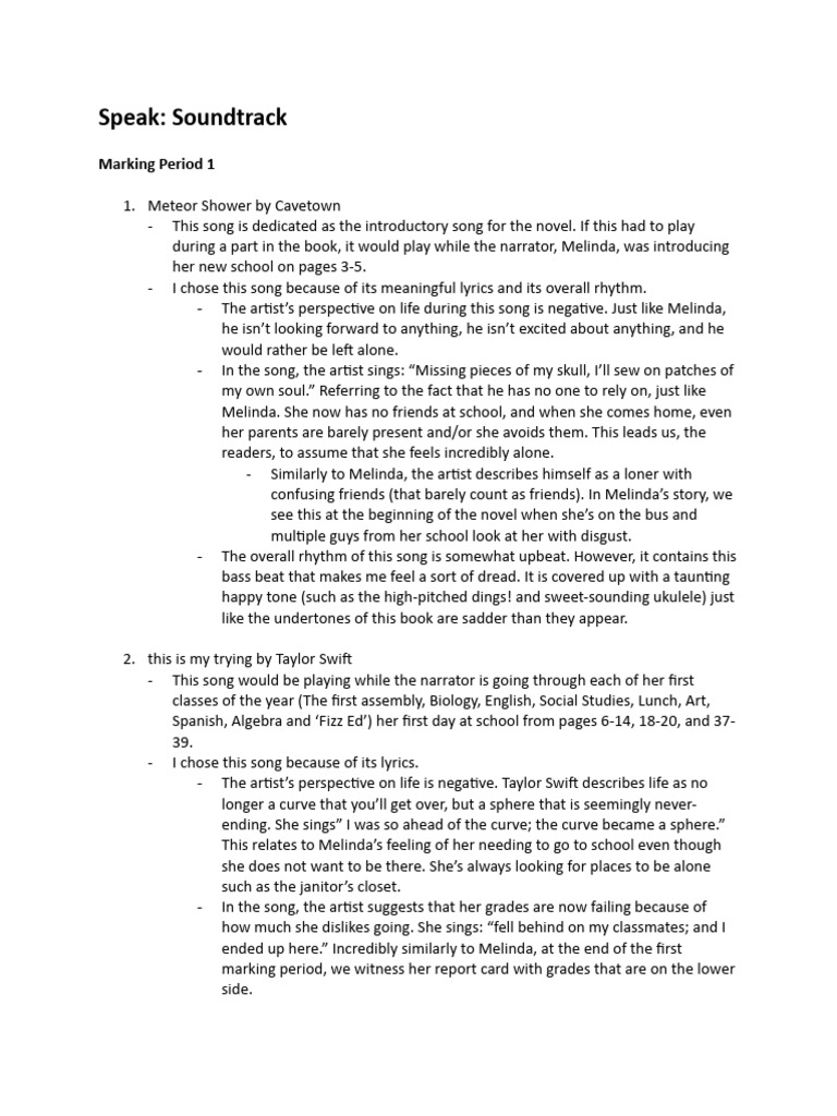 Soundtrack Analysis for "Speak" Novel | PDF