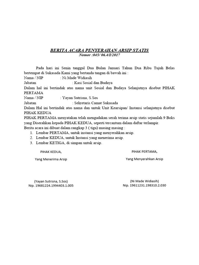 Berita Acara Penyerahan Arsip Statis | PDF