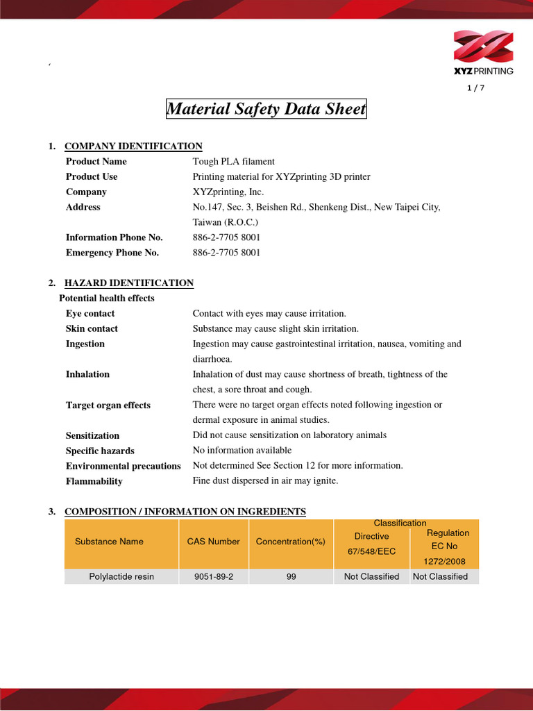 Material Safety Data Sheet_Tough PLA | PDF | Carbon Dioxide | Personal ...