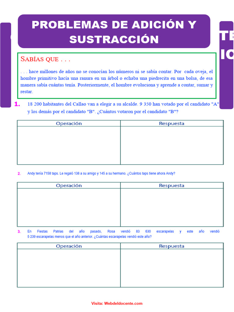 Fichas de Problemas de Adicion y Sustraccion | PDF