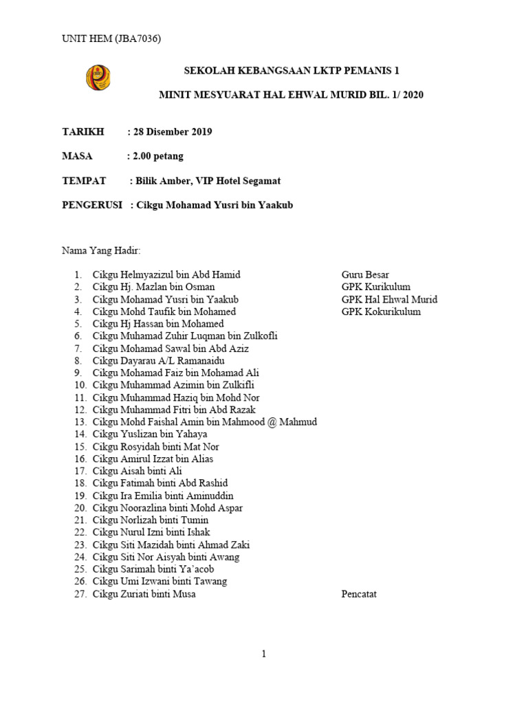 Minit Mesyuarat Hem 1 2020 | PDF