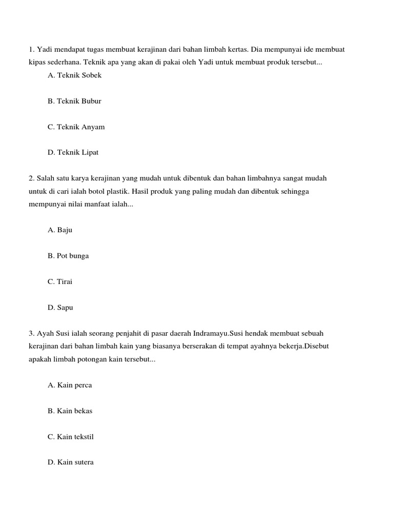 Soal Ulangan 20 Soal Prakarya | PDF | Griya & Taman