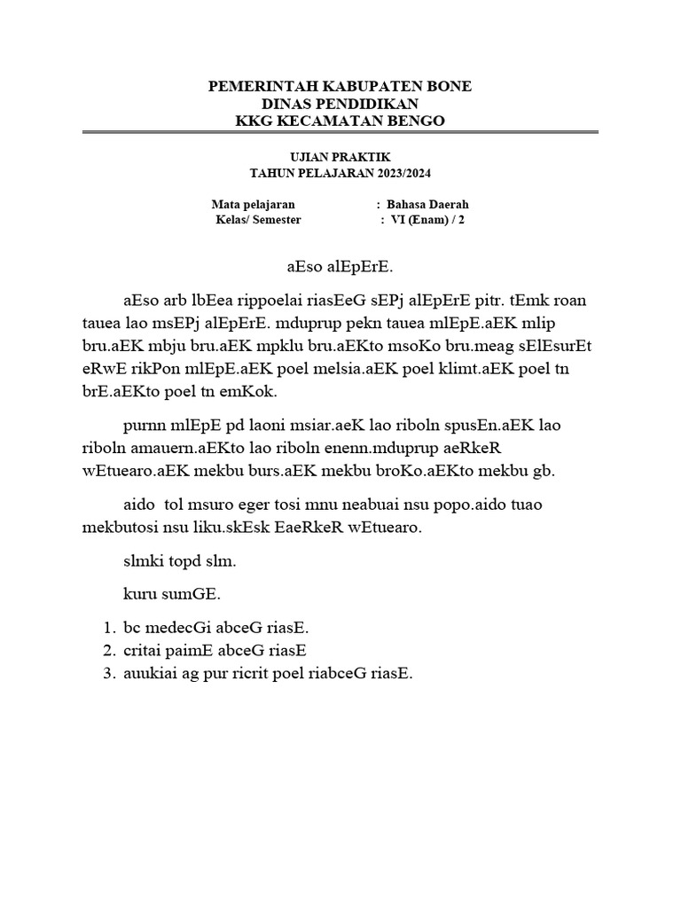 Soal Praktek B.daerah Kelas 6 | PDF