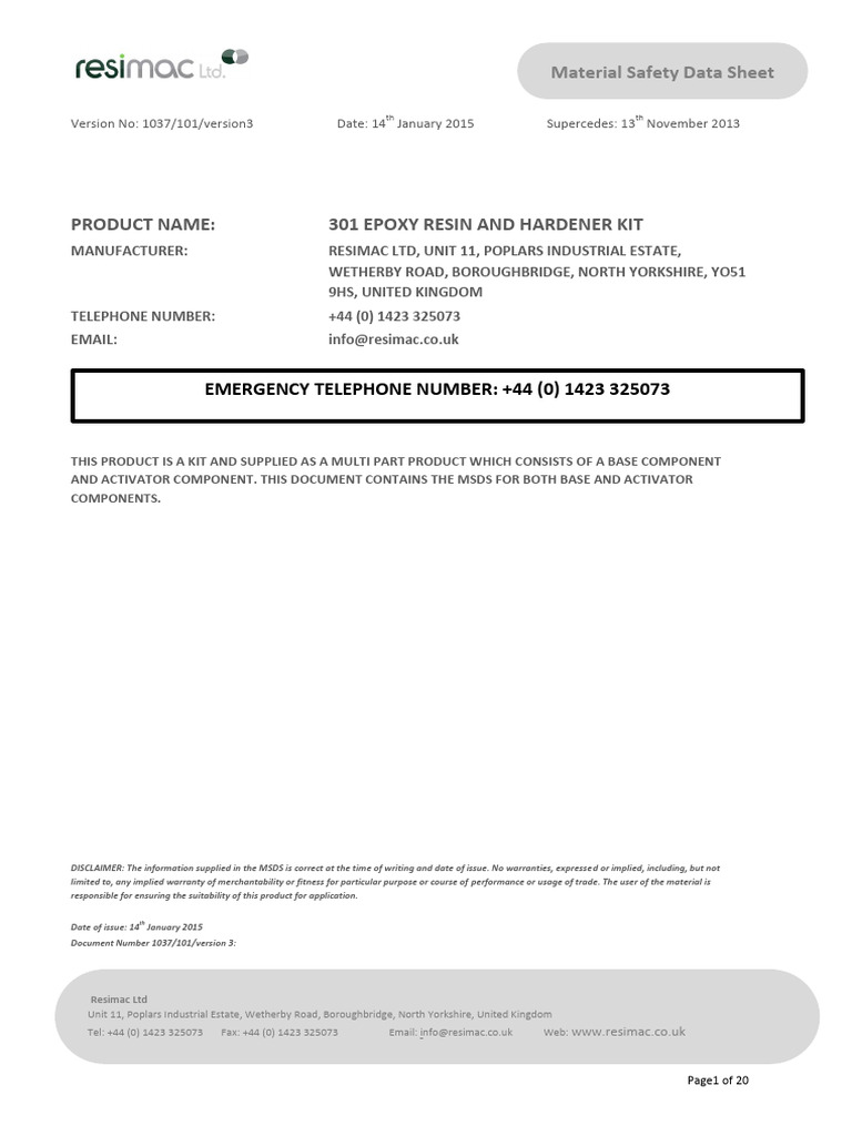 Material Safety Data sheet – Resimac 301 Epoxy Resin and Hardener kit ...