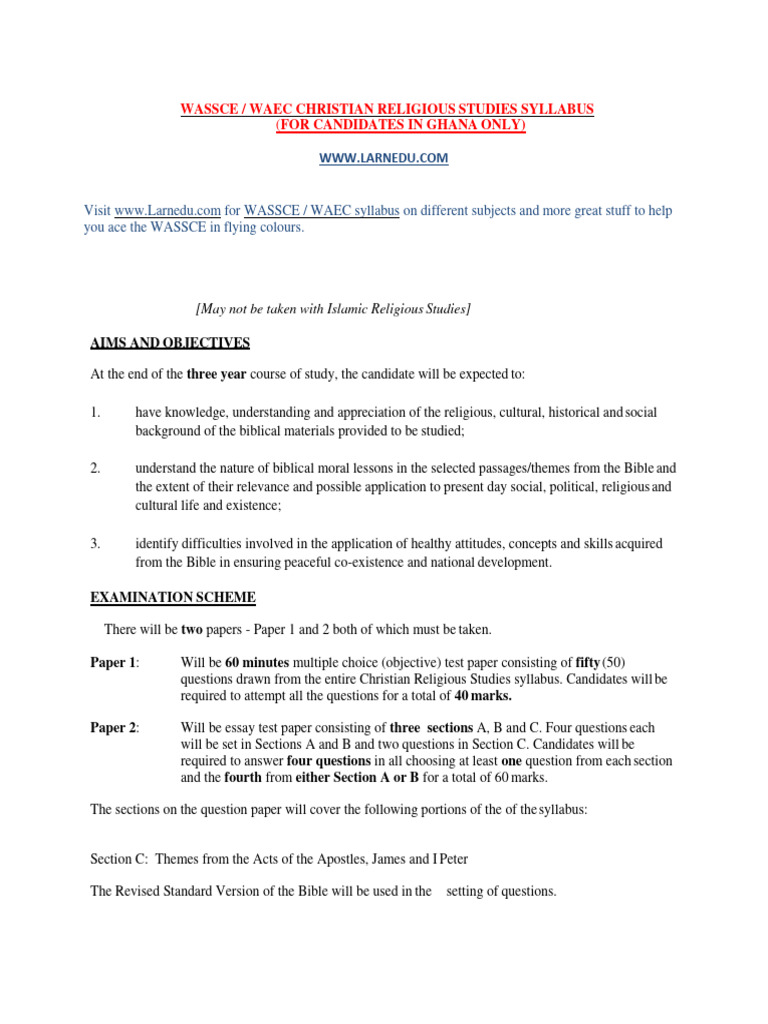 WASSCE WAEC Christian Religious Studies Syllabus | PDF | Books Of Kings ...