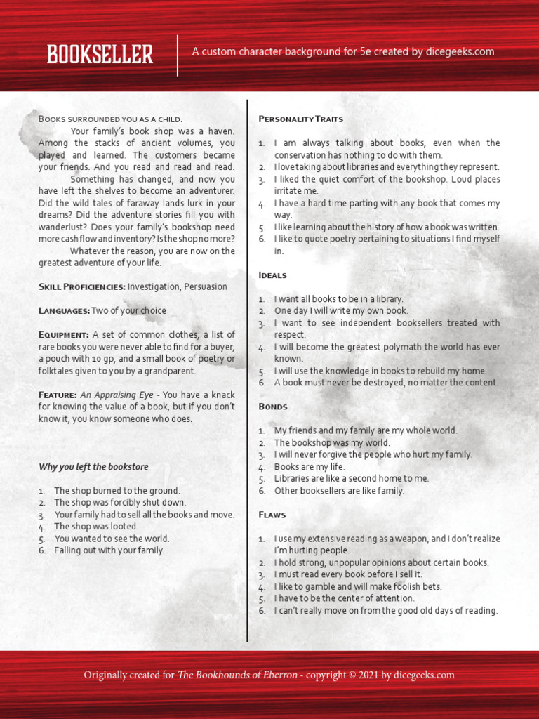 Bookseller Background 5e Dicegeeks | PDF