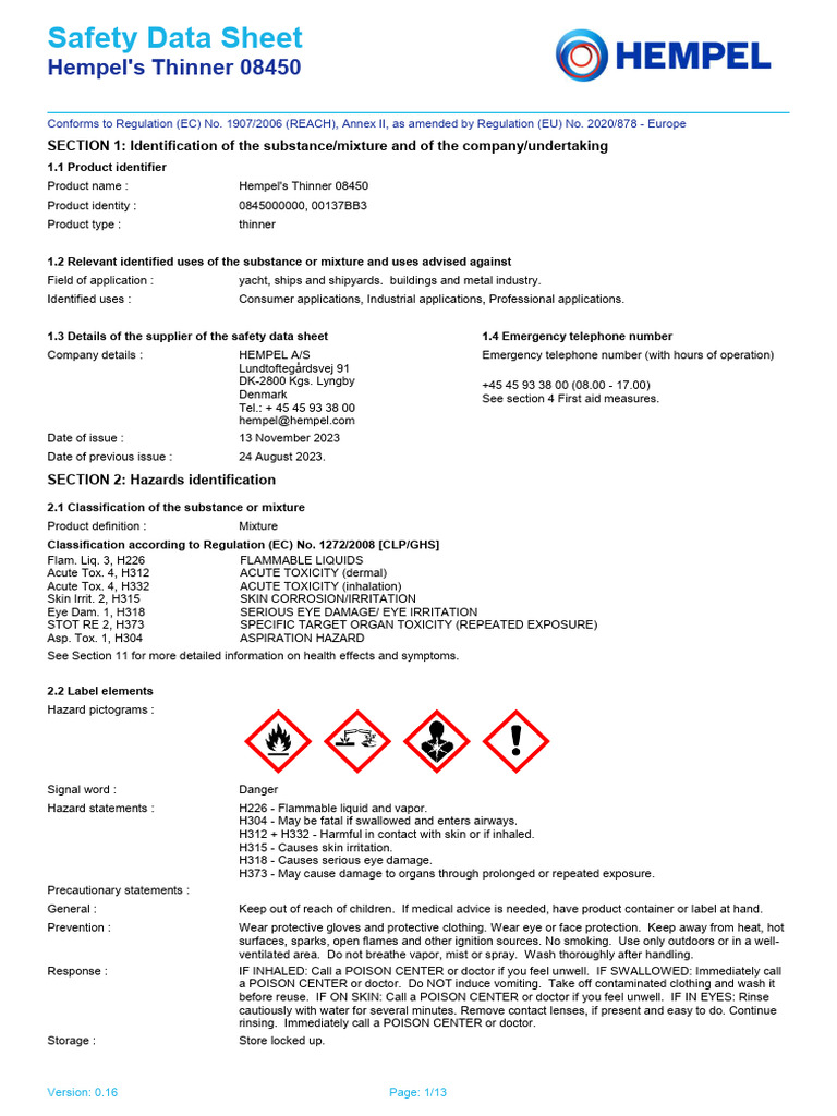 Hempel Thinner 08450 Safety Data Sheet | PDF | Toxicity | Waste