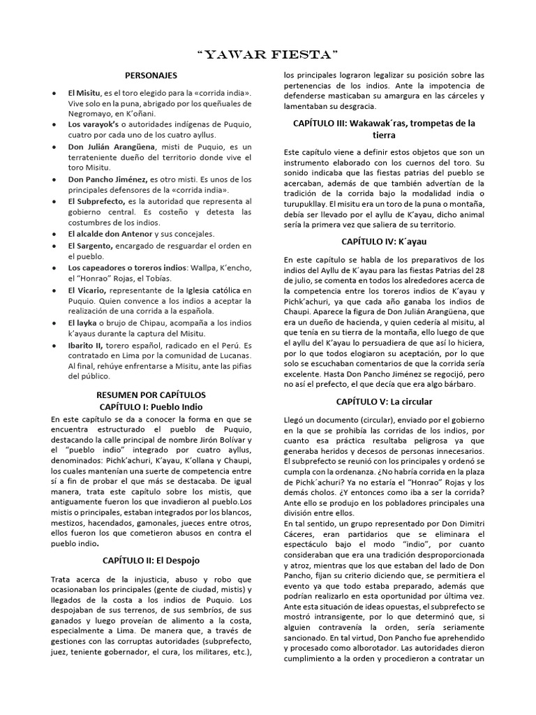 Yawar Fiesta Por Capítulos | PDF