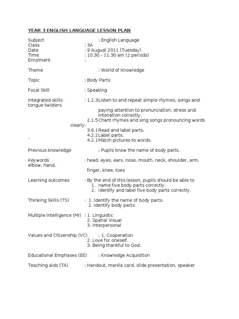Year 3 Lesson Plan - Human Body Parts | PDF | Lesson Plan | Human ...