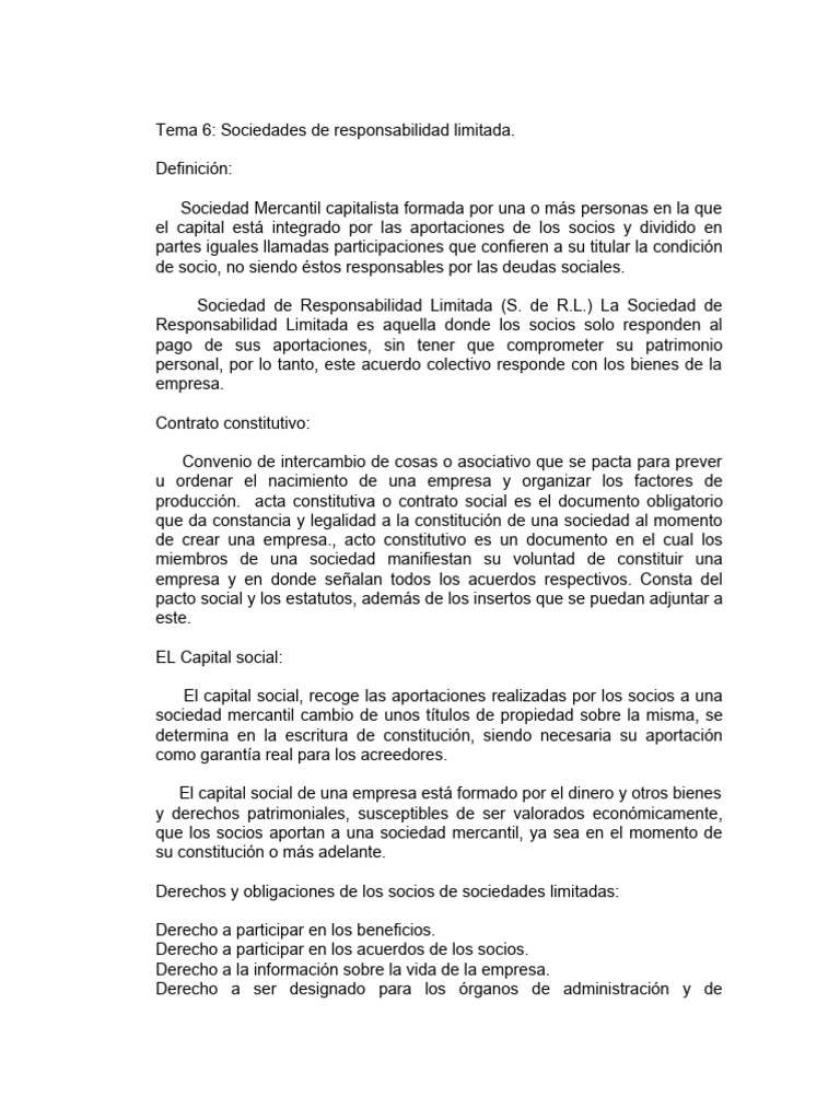 Tema 6. Sociedades de Responsabilidad Limitada | PDF | Compartir (Finanzas) | Sociedad