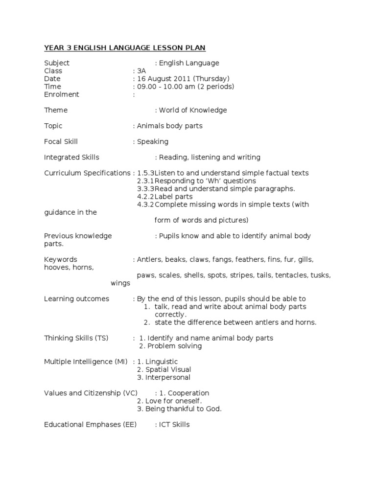Year 3 Lesson Plan - Animal Body Parts | PDF | Lesson Plan | Teaching