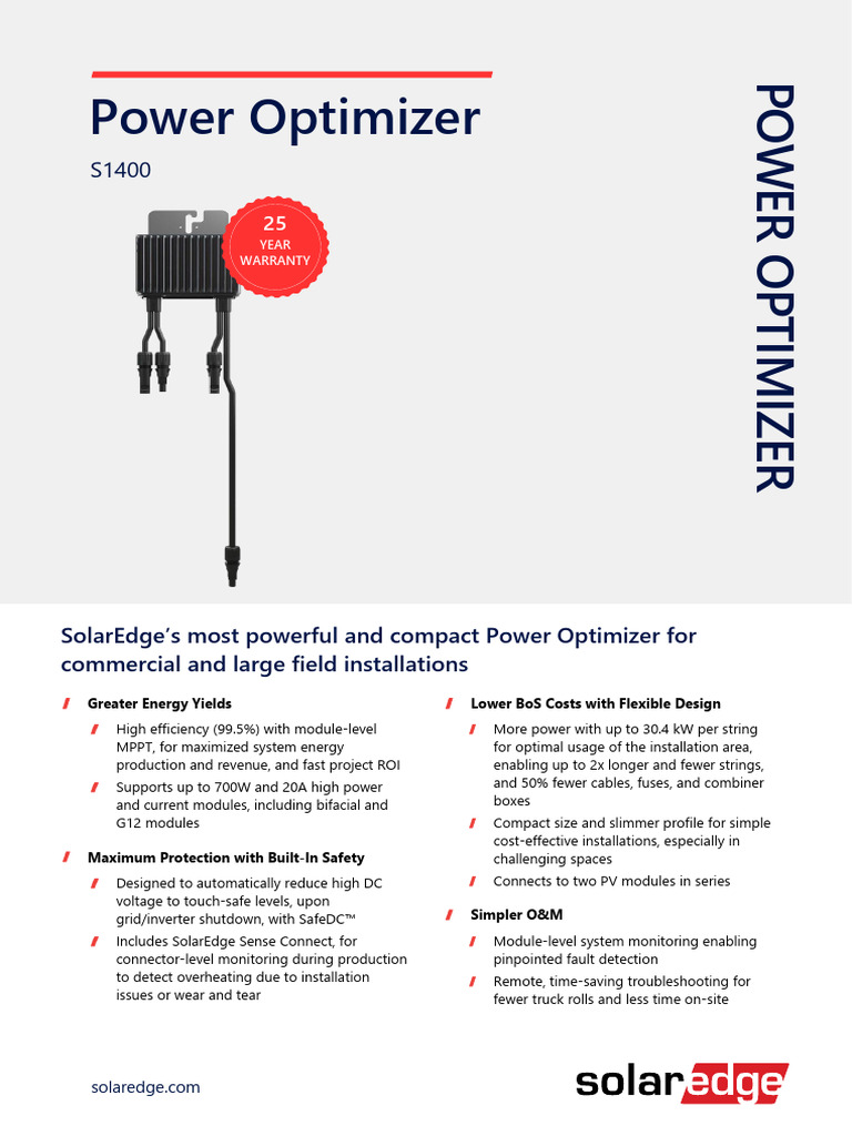 Se s1400 Commercial Power Optimizer Datasheet Eng Row | PDF | Photovoltaics | Solar Panel