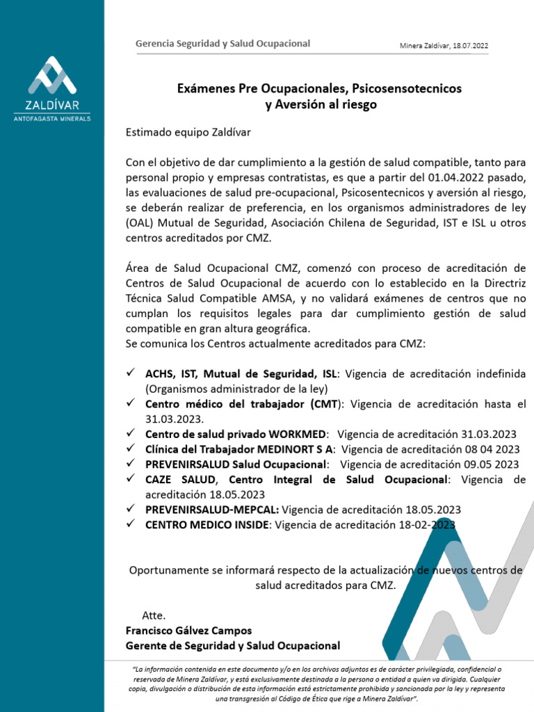 Comunicado Exámenes Pre Ocupacional y PST 18.07.2022 | PDF