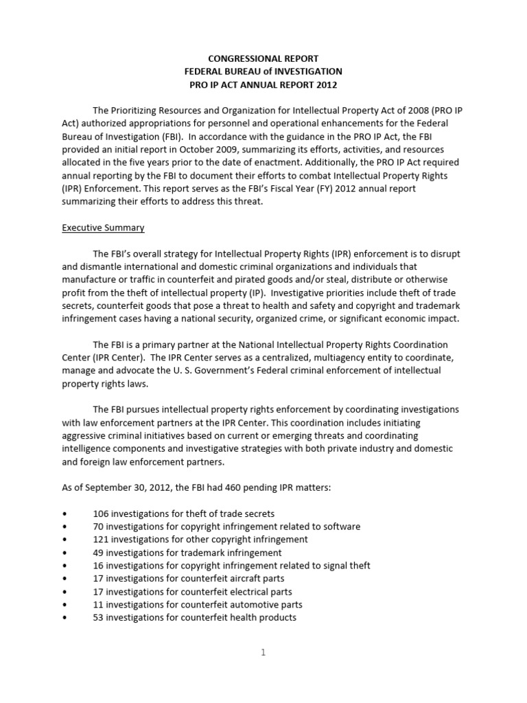 FBI Pro Ip Rpt2012 | PDF | Intellectual Property | Federal Bureau Of ...
