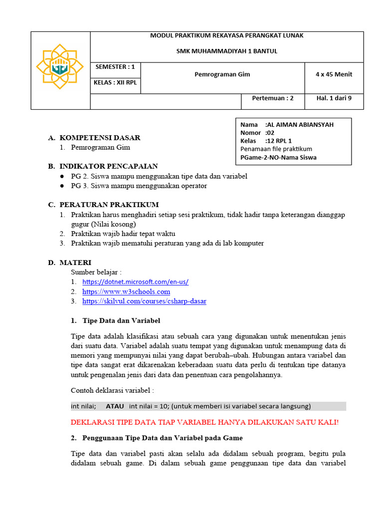 LKPD Pemrograman C# 2 - Tipe Data, Variabel, Dan Operator | PDF