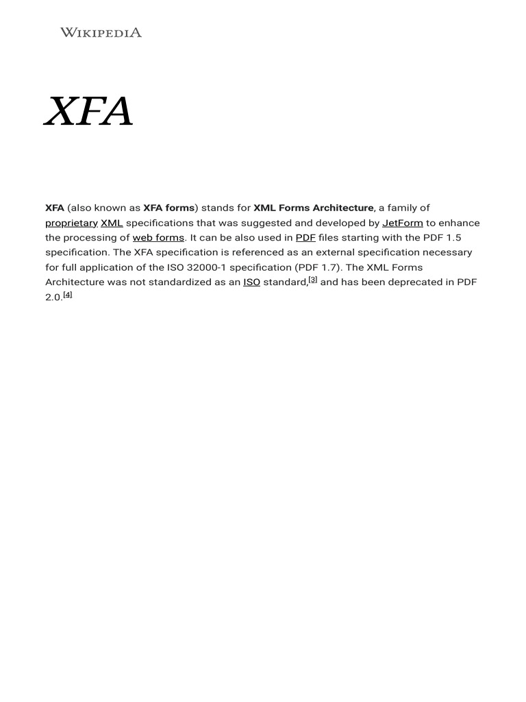 XFA - Wikipedia | PDF | Computing | Computer File XFA - Wikipedia | PDF | Computing | Computer File
