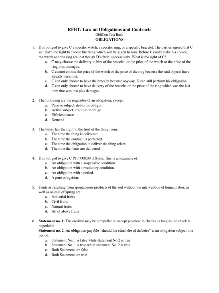 Oblicon Test Bank: Key Concepts | PDF | Offer And Acceptance | Legal ...