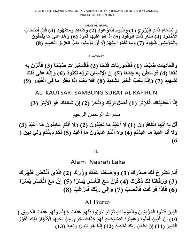 Kumpulan Materi Hafalan Al Qur'an TKT SD 2024 | PDF
