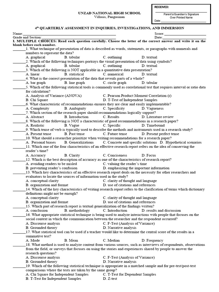 G12 IIIs Exam | PDF | Student's T Test | Statistics