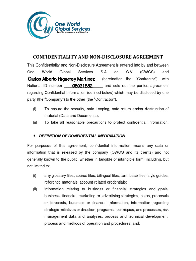 NDA OWGS Signed | PDF | Non Disclosure Agreement | Breach Of Contract