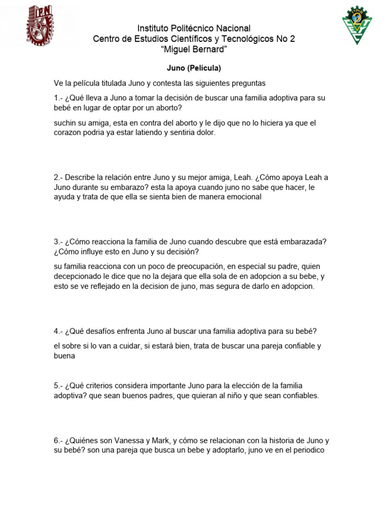 Preguntas de La Película. Juno | PDF