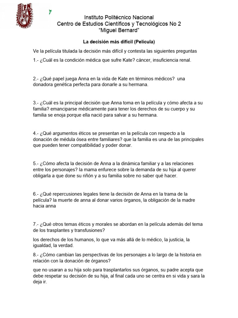 Preguntas de La Película. La Decisión Mas Dificil | PDF Preguntas de La Película. La Decisión Mas Dificil | PDF