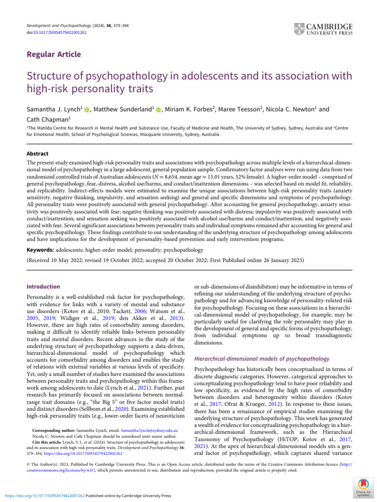 Structure of Psychopathology in Adolescents and Its Association With ...