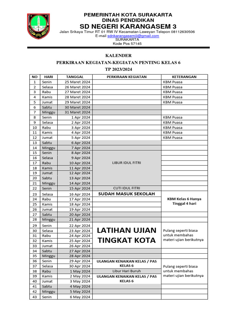 Jadwal Kegiatan Kelas 6 Pdf
