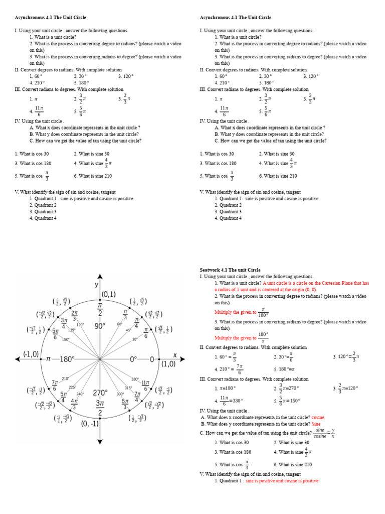 Seatwork 4.1 UNIT CIRCLE | PDF | Trigonometric Functions | Triangle Geometry