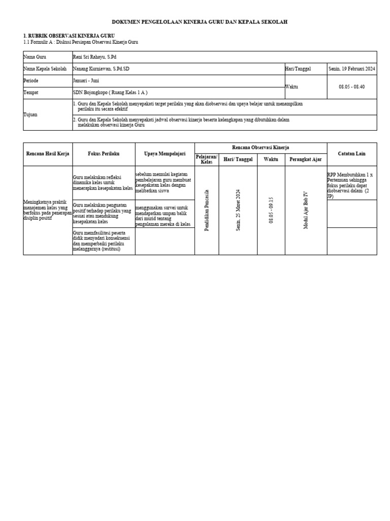 Form Observasi Guru Reni | PDF