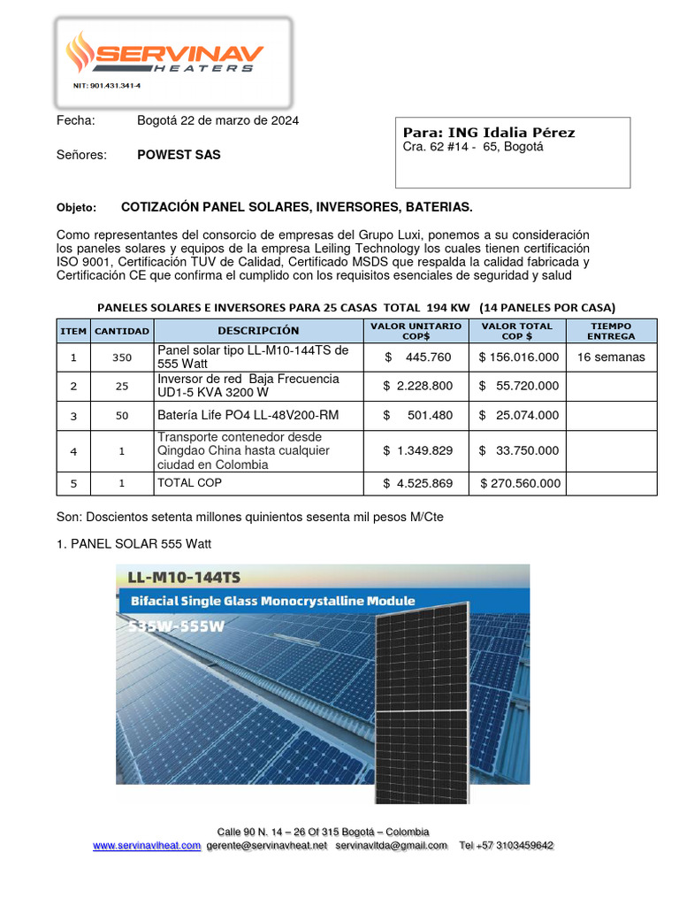 Cotización Panels Solares Powest Sas | PDF