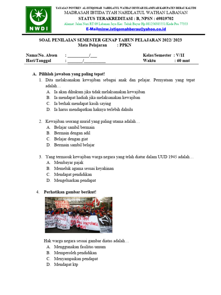 Soal Ujian Semster 2 PPKN Kelas 5 | PDF