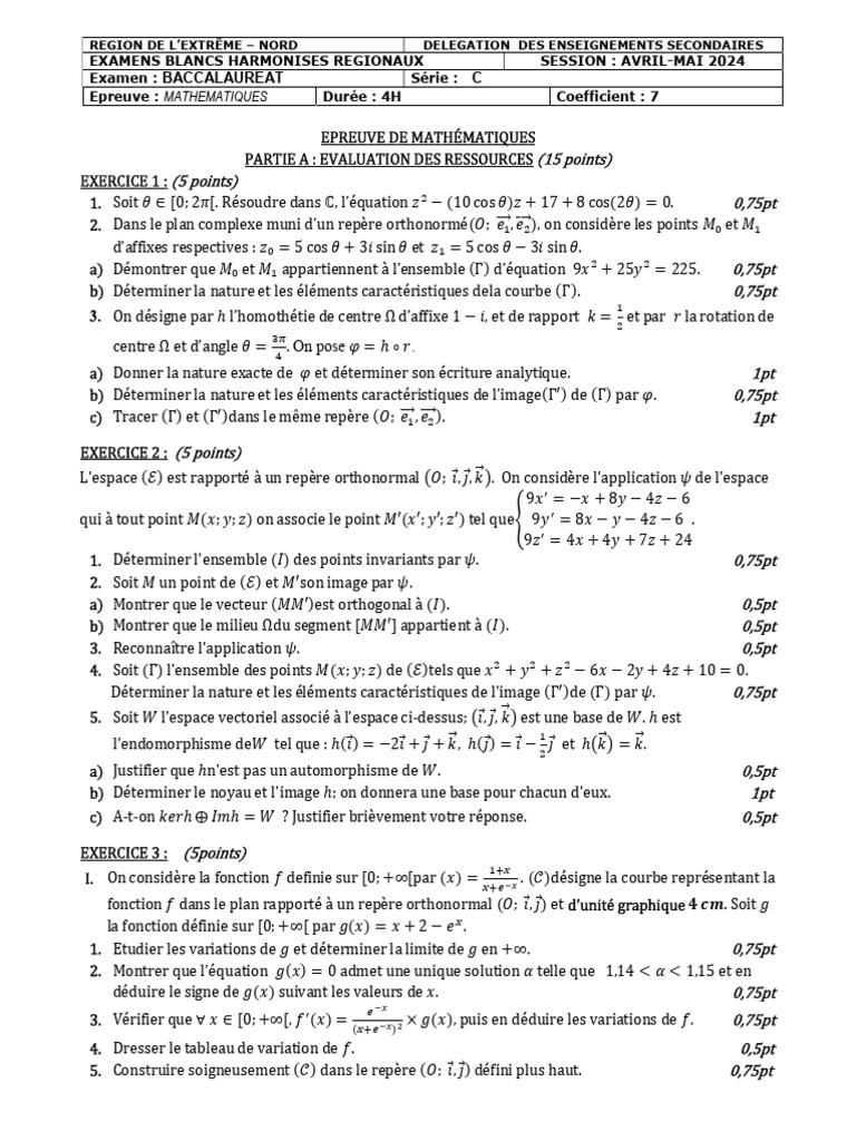 Examen Blanc Maths Bac Série C 2024 | PDF | Nombre complexe | Analyse ...